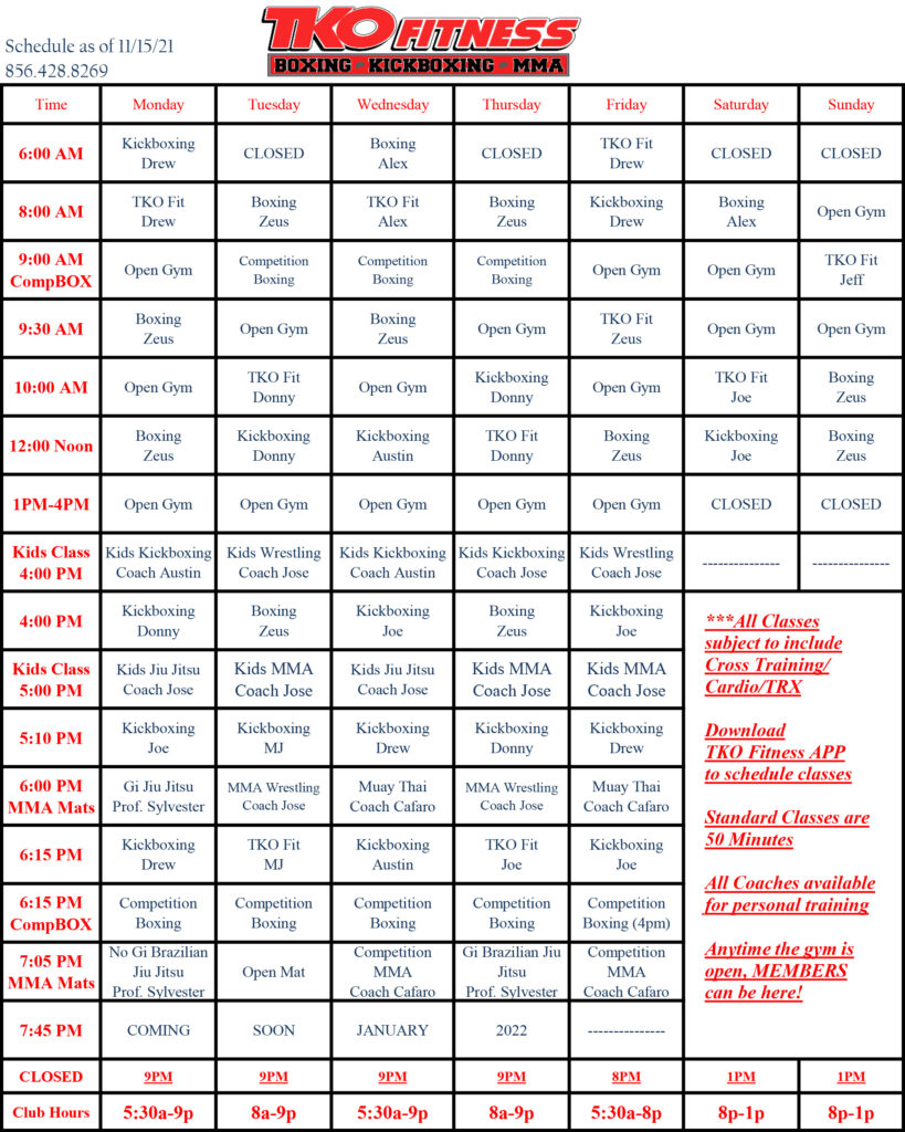 Schedule – TKO Fitness Cherry Hill, NJ